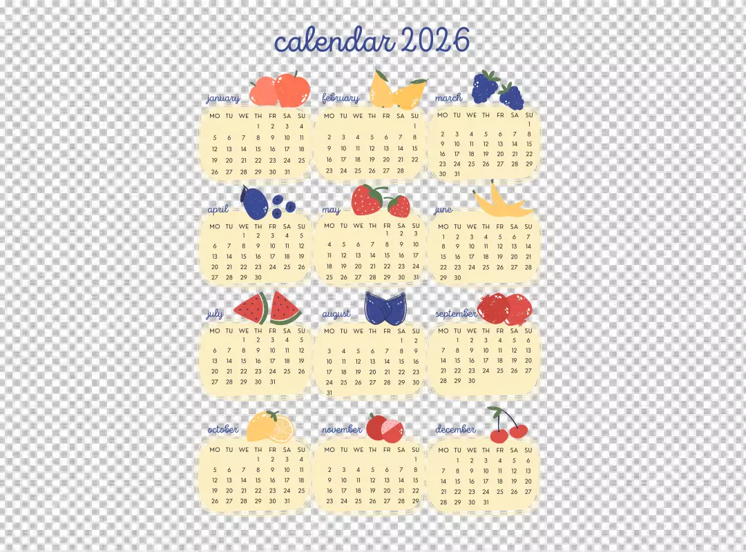 Free Premium PNG Colorful 2026 Calendar with Monthly Fruit ...