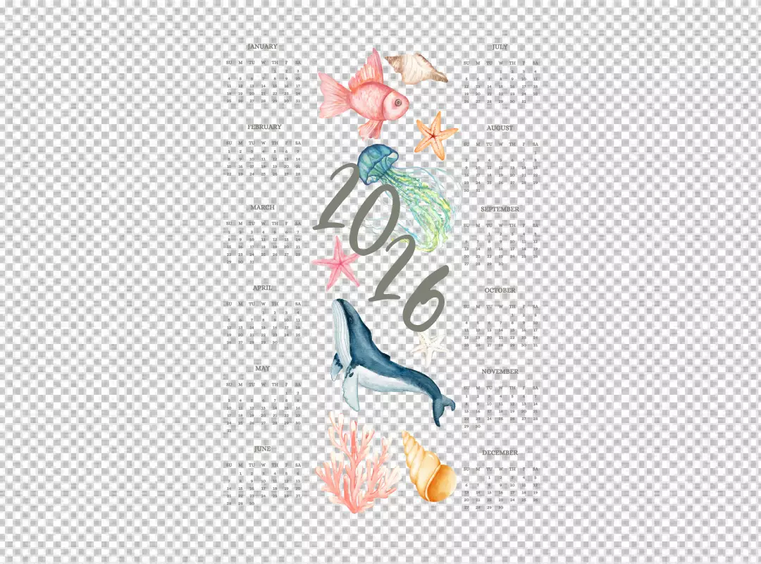 Free Premium PNG Year 2026 Calendar with Watercolor Marine Life and ...